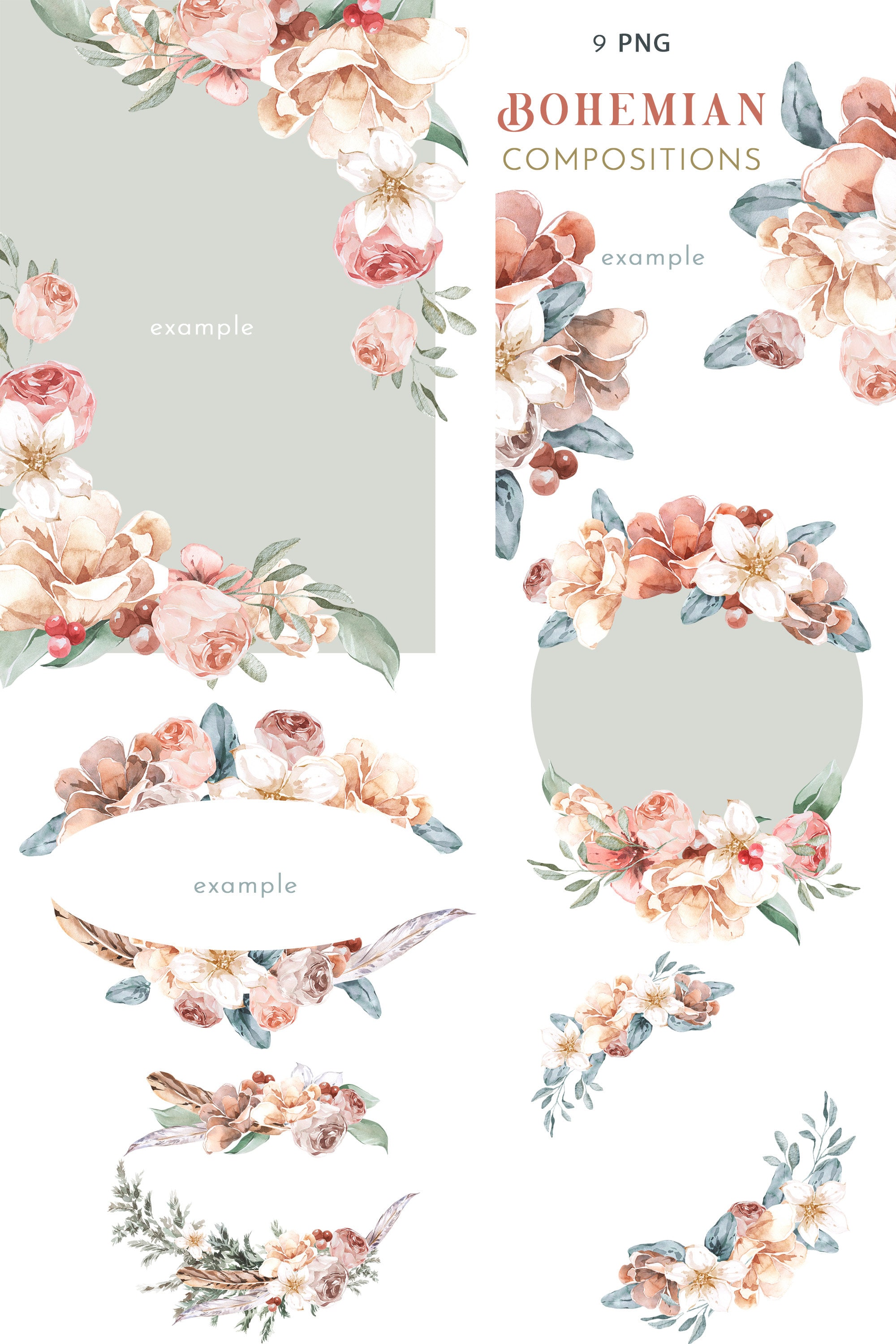 Bohemian Floral Border Clipart Kit. Watercolor Boho Frame PNG - Etsy