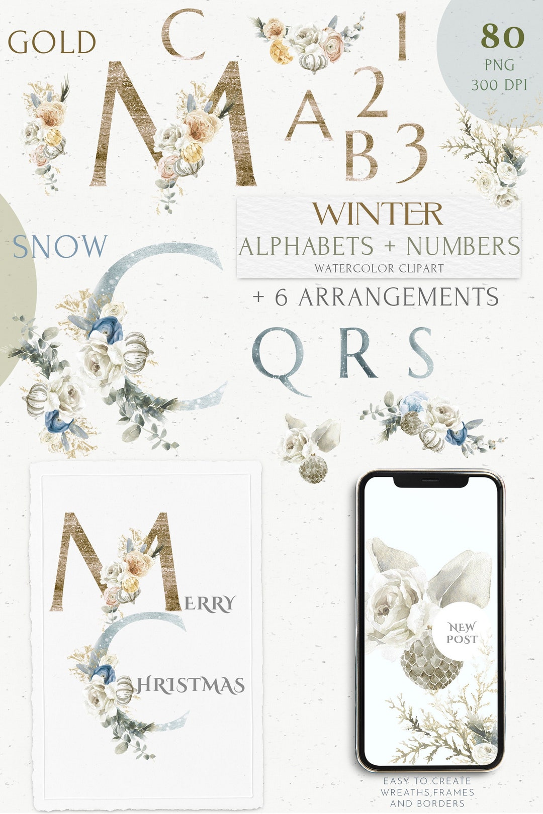 Gold & Blue Alphabet Numbers Clipart. Winter Snow Pastel Floral ...