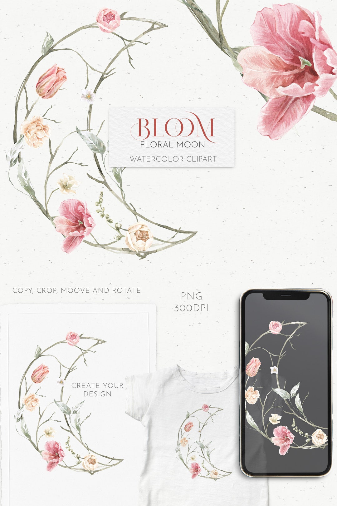 Floral Moon Clipart. Valentines, Wedding Watercolor Boho Arrangement ...