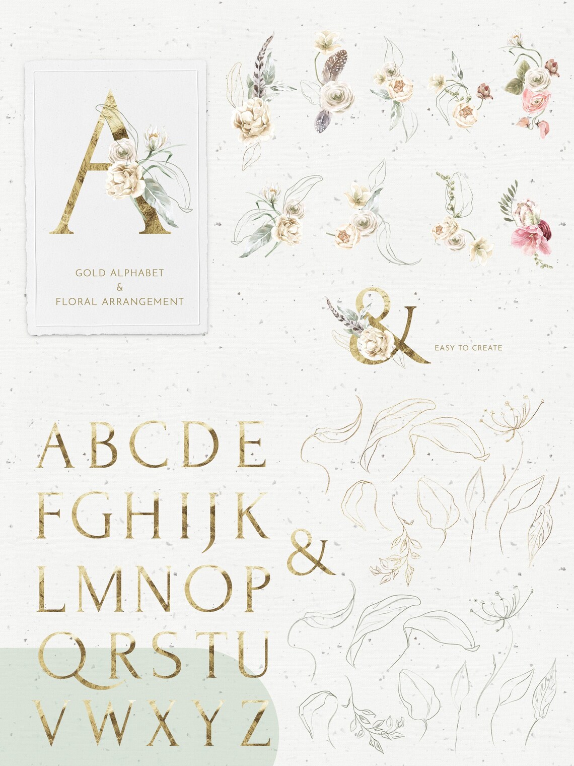 Gold Foil Alphabet Clipart. Boho Floral Arrangement Monogram | Etsy