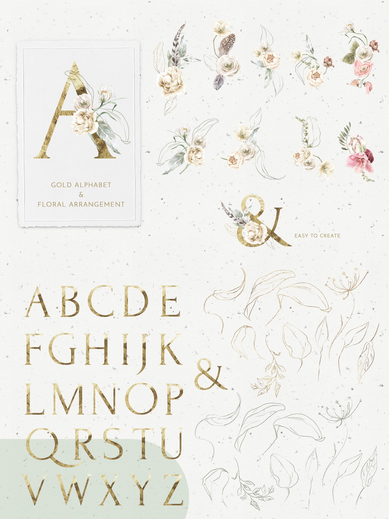 Gold Foil Alphabet Clipart. Boho Floral Arrangement Monogram | Etsy