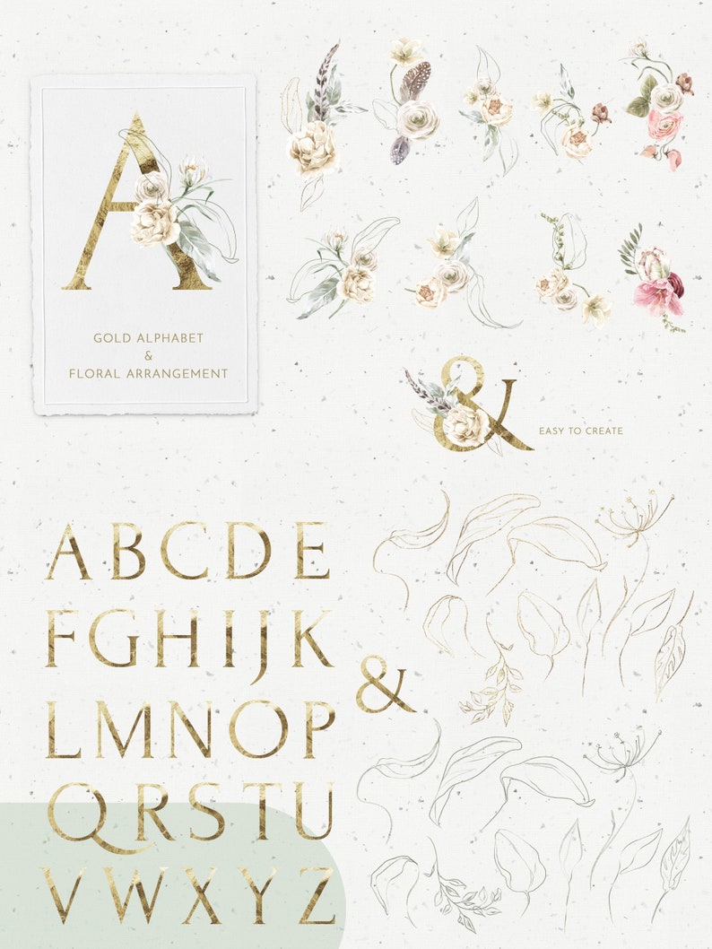 Gold Foil Alphabet Clipart. Boho Floral Arrangement Monogram - Etsy