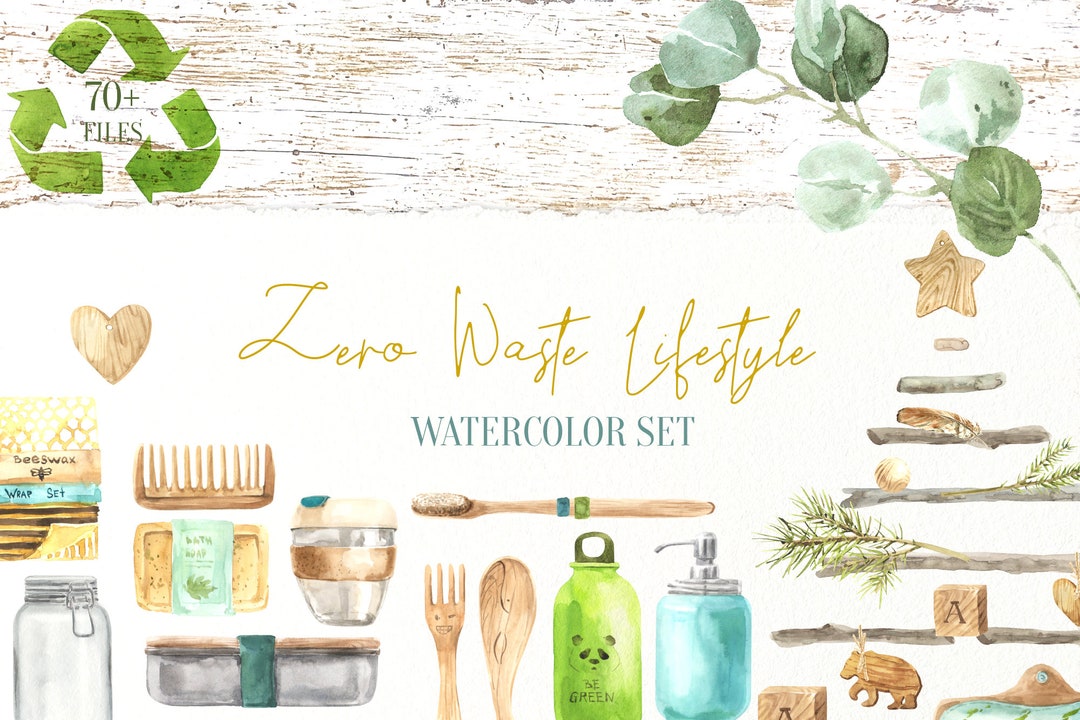 Zero Waste Watercolor Illustration Clipart. Plastic Free Reuse Set Eco ...