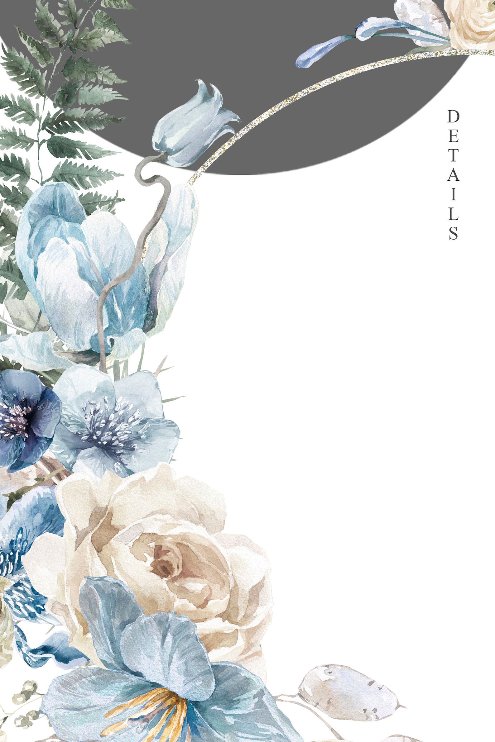 Boho Blue White Floral Wreath Gold Frame Clipart. Watercolor Winter ...