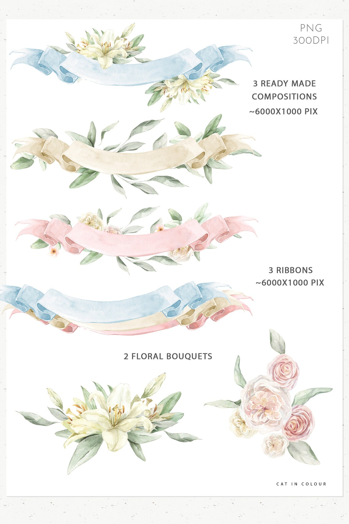 Watercolor Ribbon Banner Clipart Set. Pastel Rose Floral Bouquet ...