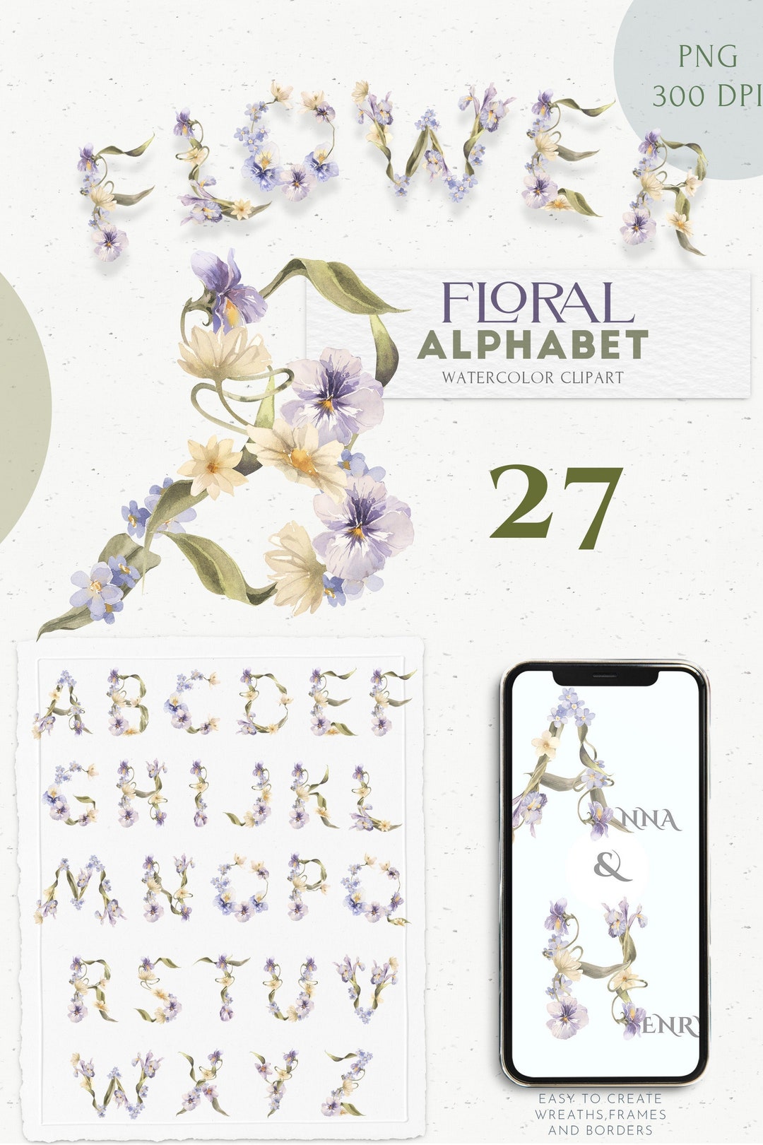 Floral Alphabet Pastel Purple Letters Clipart. Spring Summer Boho ...