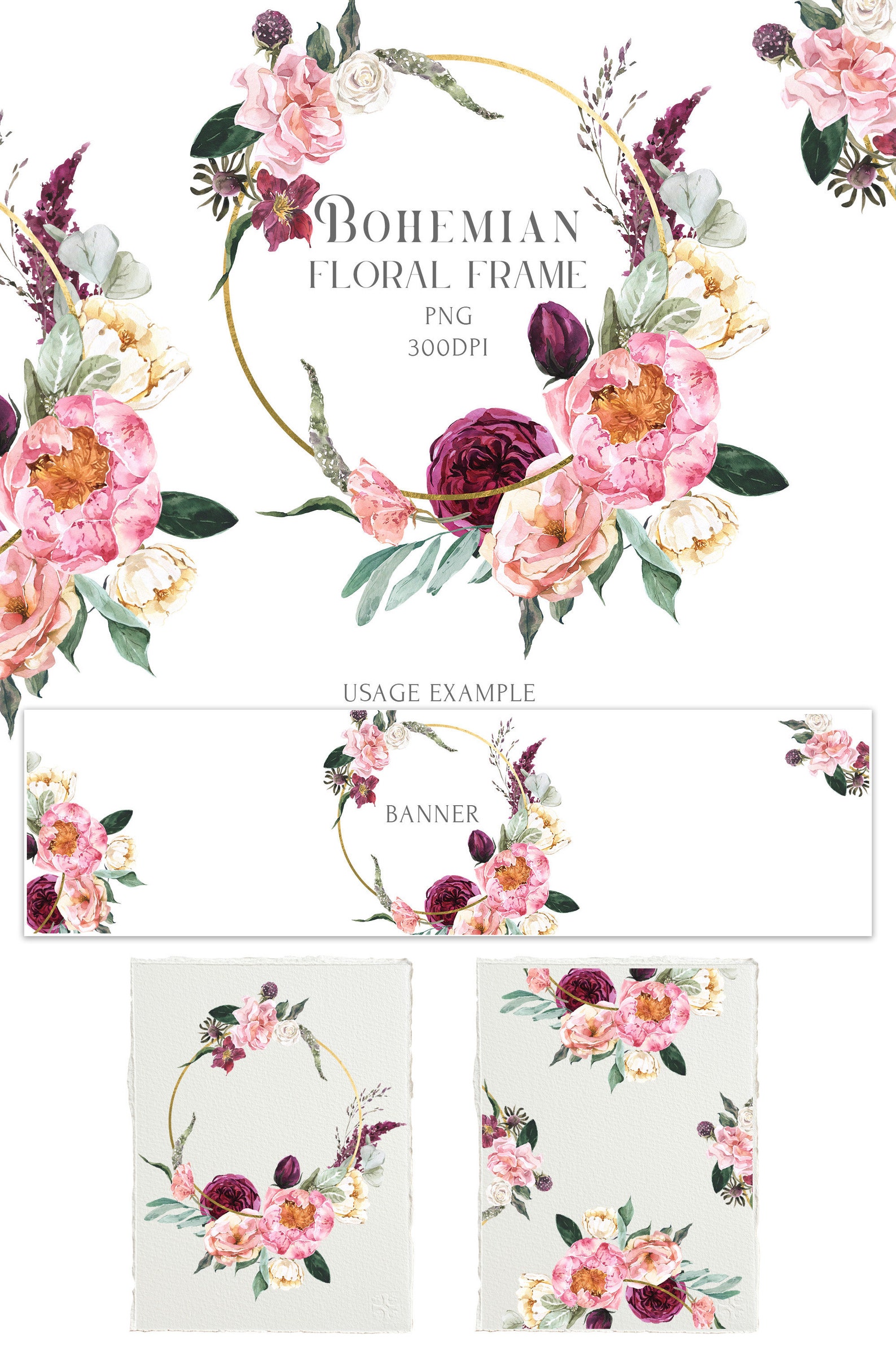 Boho Round Gold Floral Frame Watercolor Bohemian Wedding - Etsy