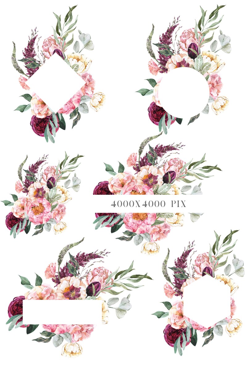 Boho Floral Frames Clipart Set Burgundy Blush Watercolor - Etsy