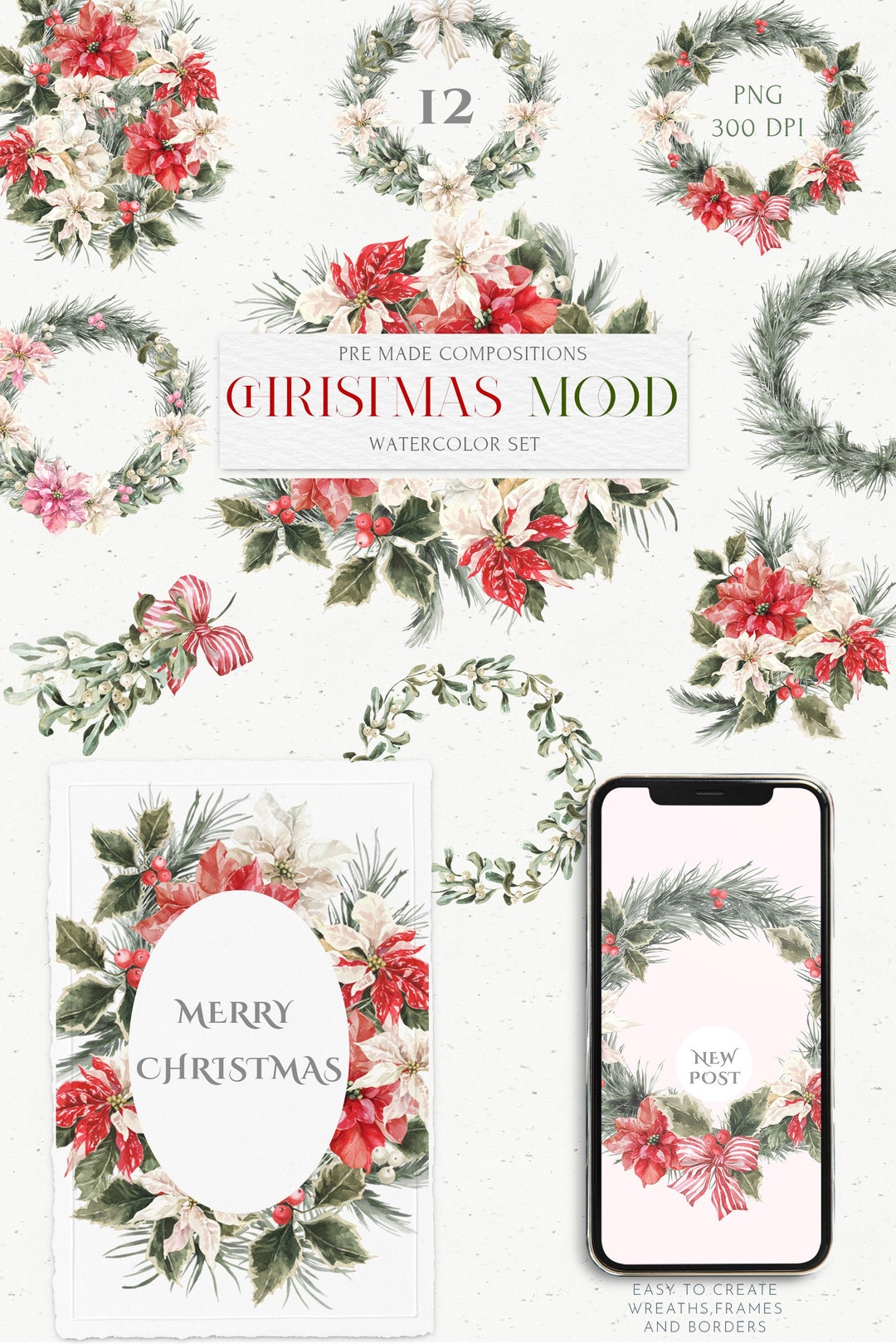 Classic Christmas Clipart Set: Winter Festive Wreath Decor Graphics ...