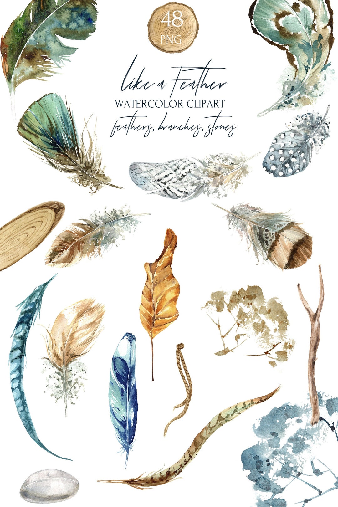 Watercolor Boho Feathers Clipart Instant Download. Easter Bird Feather ...