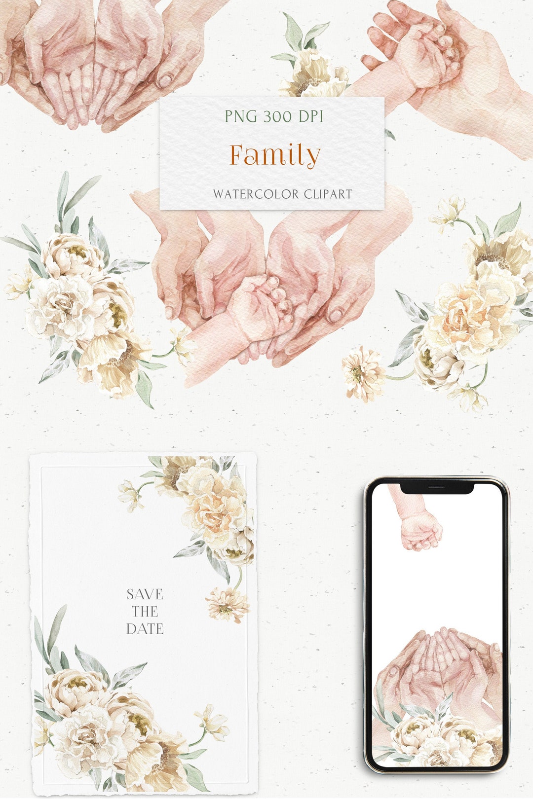 Watercolor Family Hands Clipart: Baby and Mom, Father. Love Couple ...