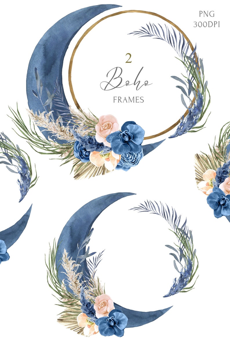 Boho Round Floral Frame Clipart Pampas Grass. Blue Moon Watercolor ...