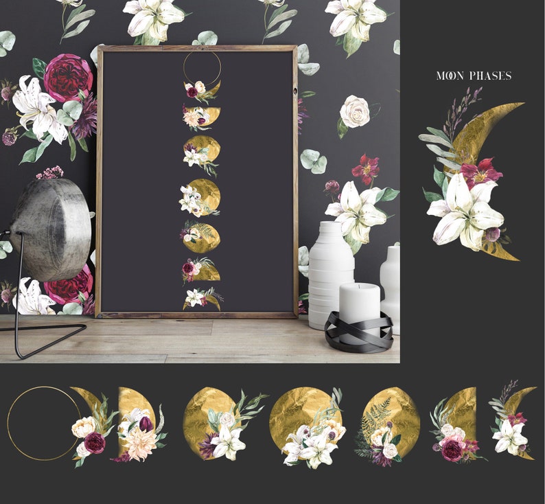 Gold Moon Phases Set Printable Poster Floral Watercolor Boho - Etsy