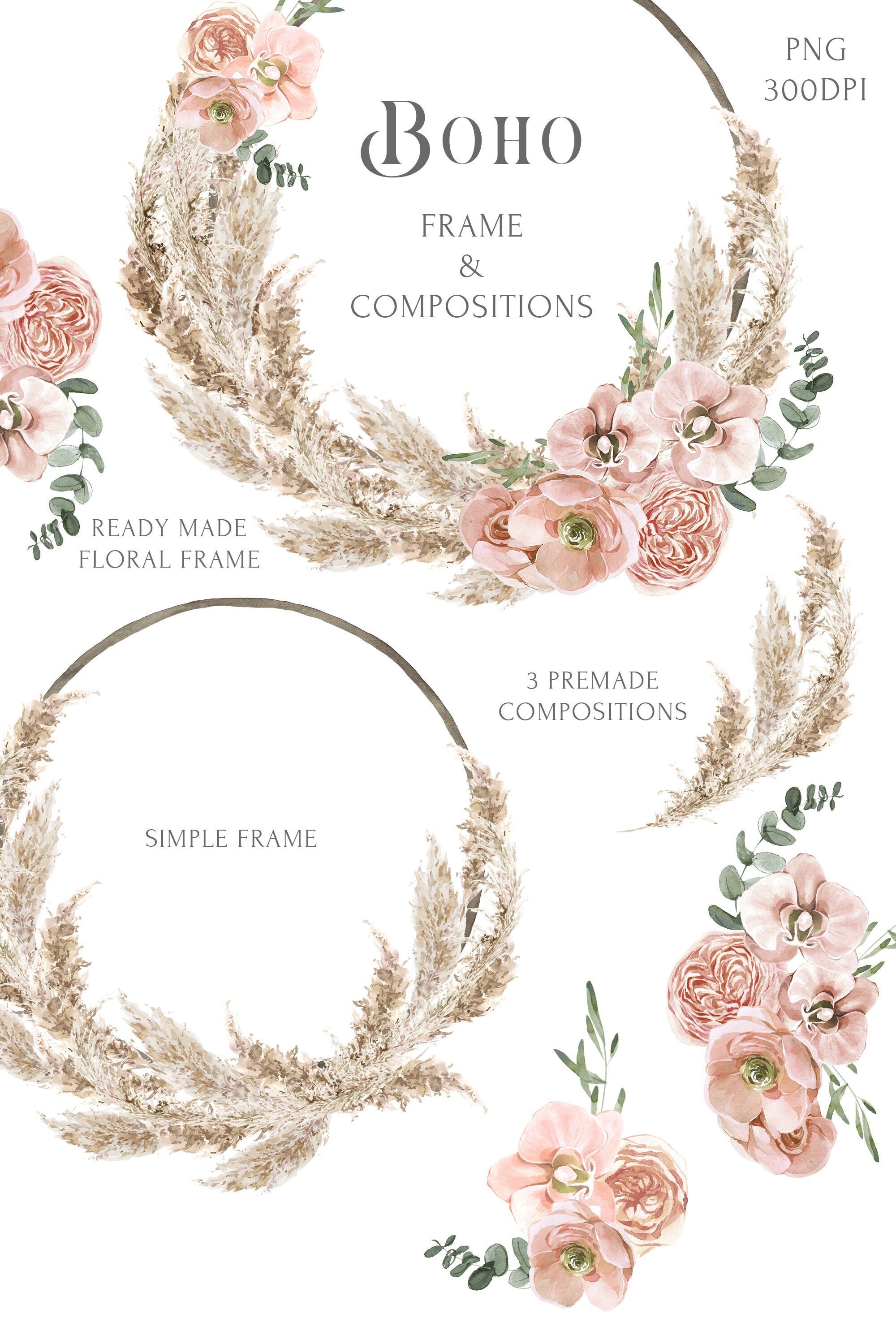 Bohemian Wreath Clipart Kit Watercolor Boho Frame PNG Neutral Pampas ...