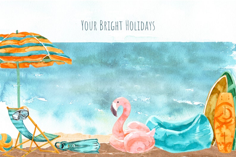 Tropical Summer Clipart Watercolor Collage Set. Beach | Etsy