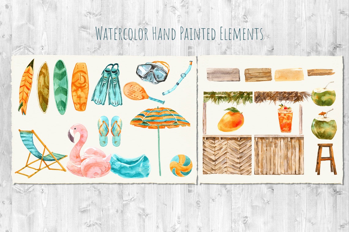 Tropical Summer Clipart Watercolor Collage Set. Beach | Etsy