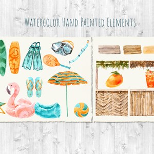Tropical Summer Clipart Watercolor Collage Set. Beach Activities, Sea ...