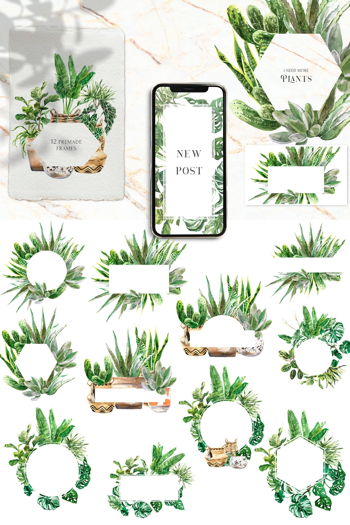 Tropical House Plant Frames Clipart Watercolor Palm Leaves | Etsy