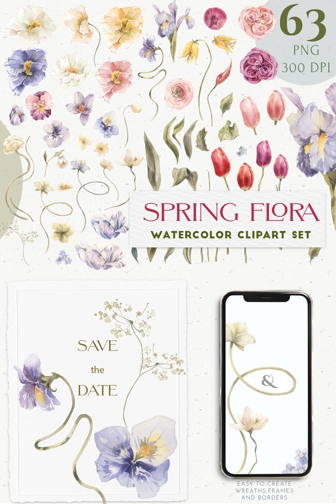 Spring Floral Watercolor Clipart Set. Pink Blush, White, Yellow, Purple ...