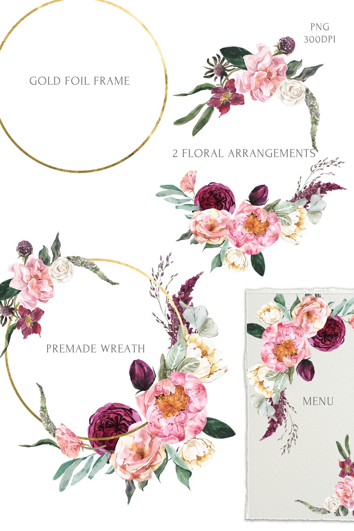 Boho Circle Gold Floral Frames Set Watercolor Bohemian Wedding Wreath ...