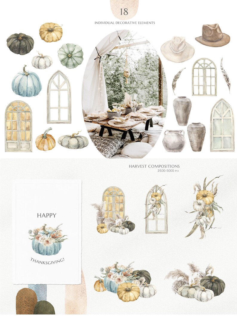 Autumn Floral Clipart Set. Boho Watercolor Pumpkin Pampas - Etsy