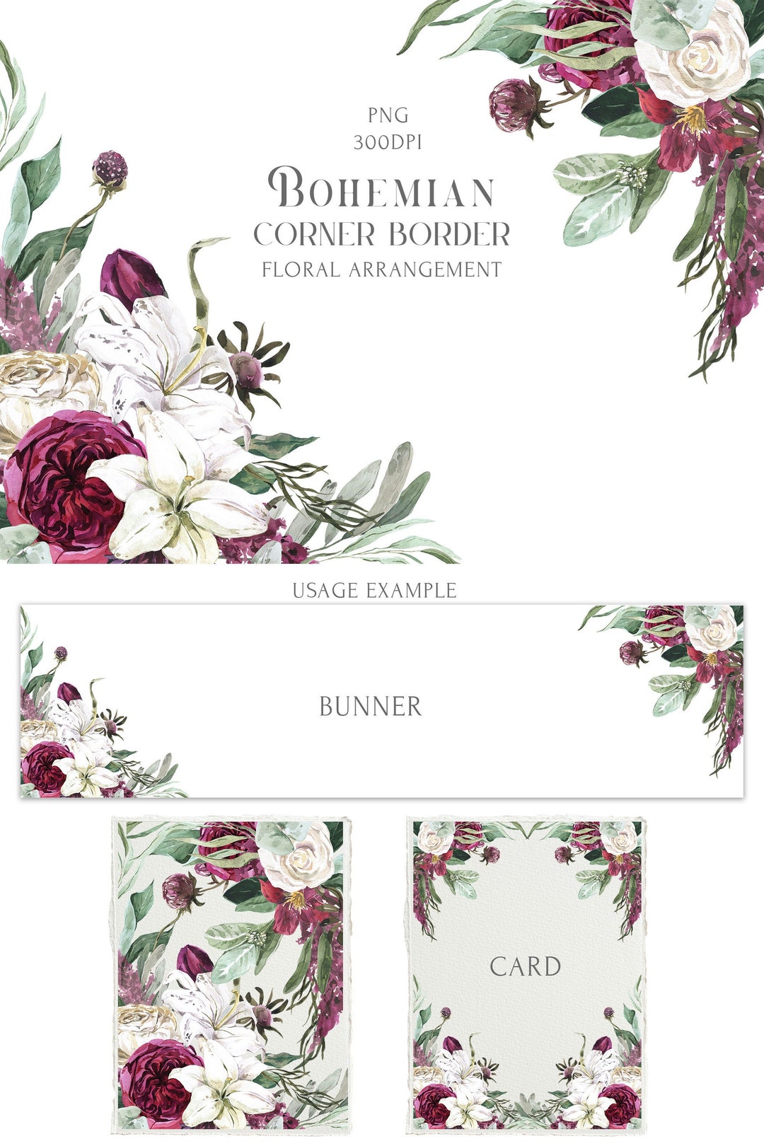 Watercolor Bohemian Corner Border Floral Arrangement Frame Clipart Set ...