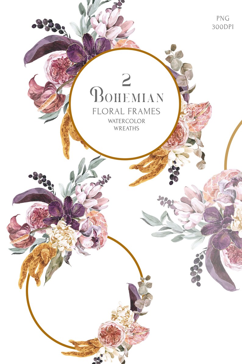 Boho Circle Floral Frame Set. Watercolor Bohemian Wedding | Etsy