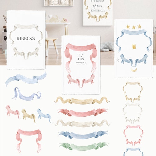 Watercolor Ribbon Banner Clipart Set. Crest Creator for - Etsy