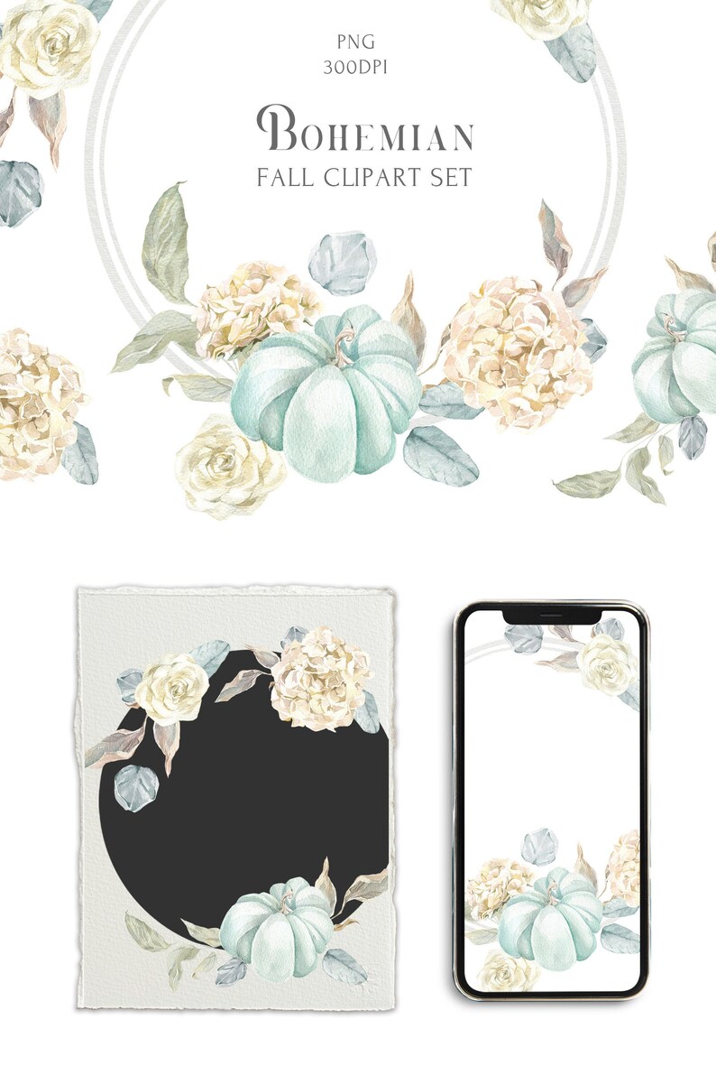 Boho Circle White Floral Pastel Pumpkin Frames Set. Watercolor | Etsy