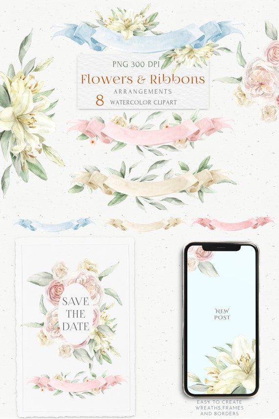 Watercolor Ribbon Banner Clipart Set. Pastel Rose Floral | Etsy