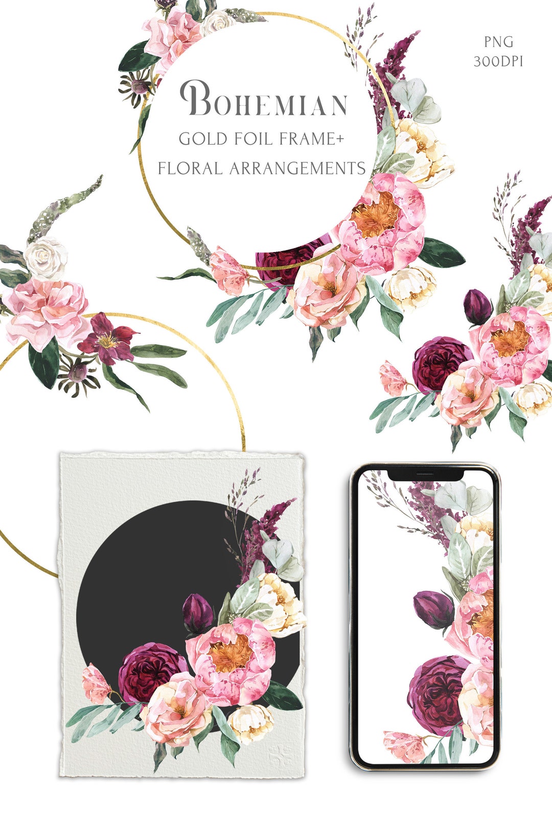 Boho Circle Gold Floral Frames Set Watercolor Bohemian Wedding Wreath ...