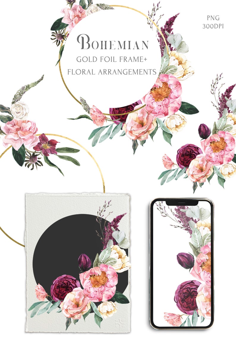 Boho Circle Gold Floral Frames Set Watercolor Bohemian Wedding - Etsy