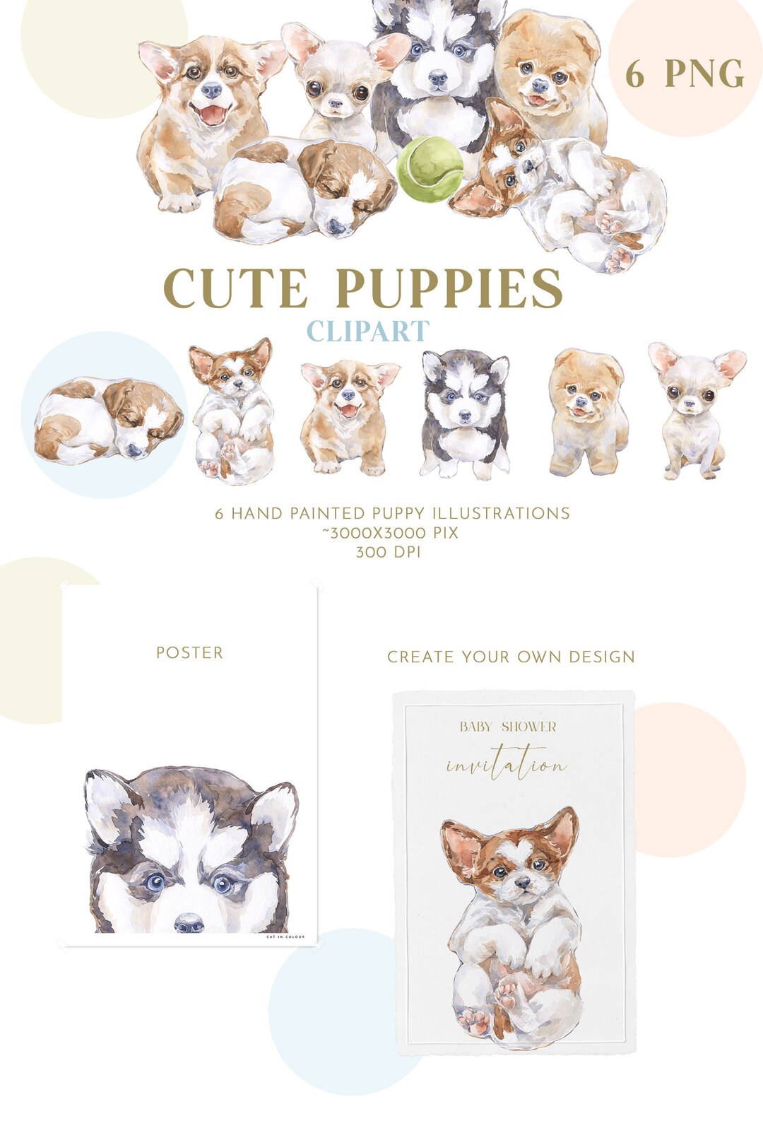 Cute Puppy Dog Watercolor Clipart for Dog Lover Birthday Gift, Nursery ...