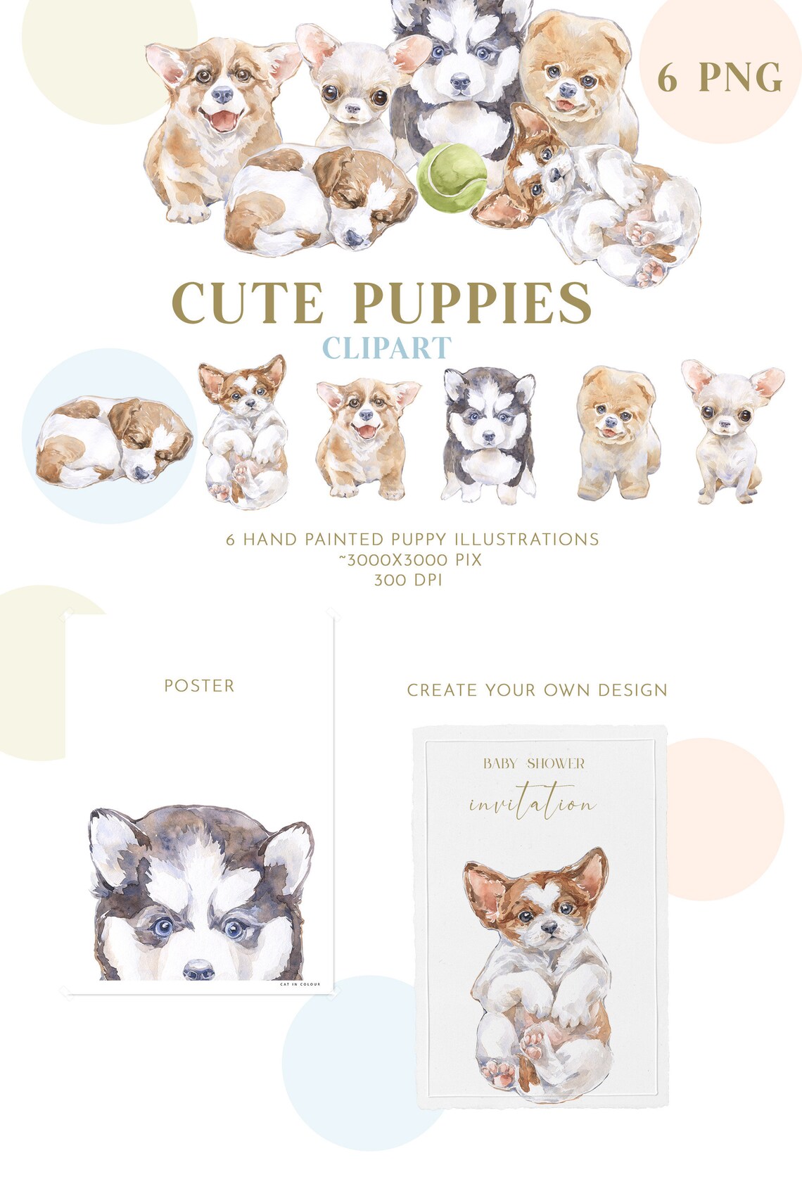 Cute puppy dog watercolor clipart for dog lover Birthday | Etsy