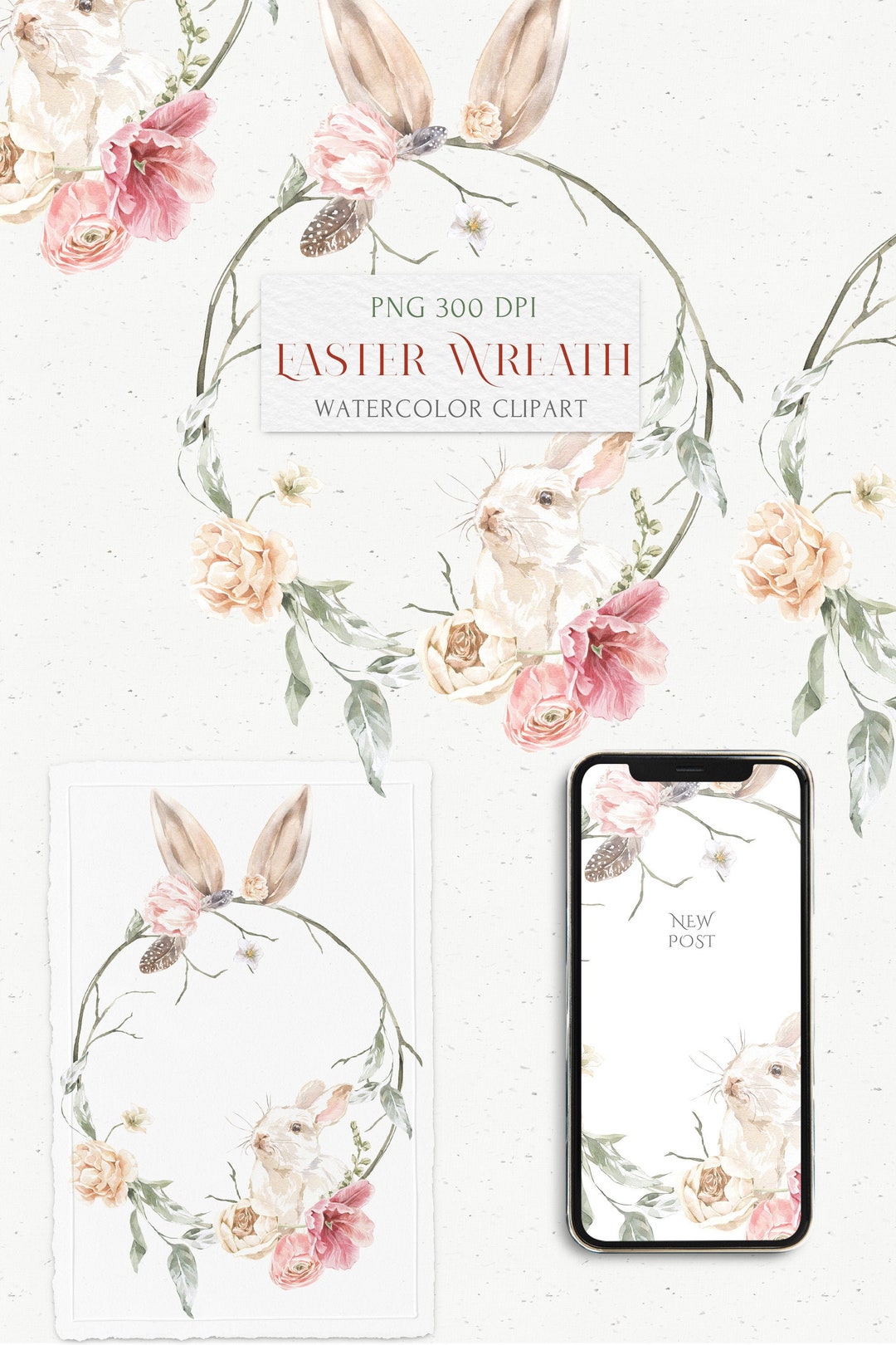 Easter Floral Wreath Clipart. Cute White Bunny Frame Watercolor Boho ...