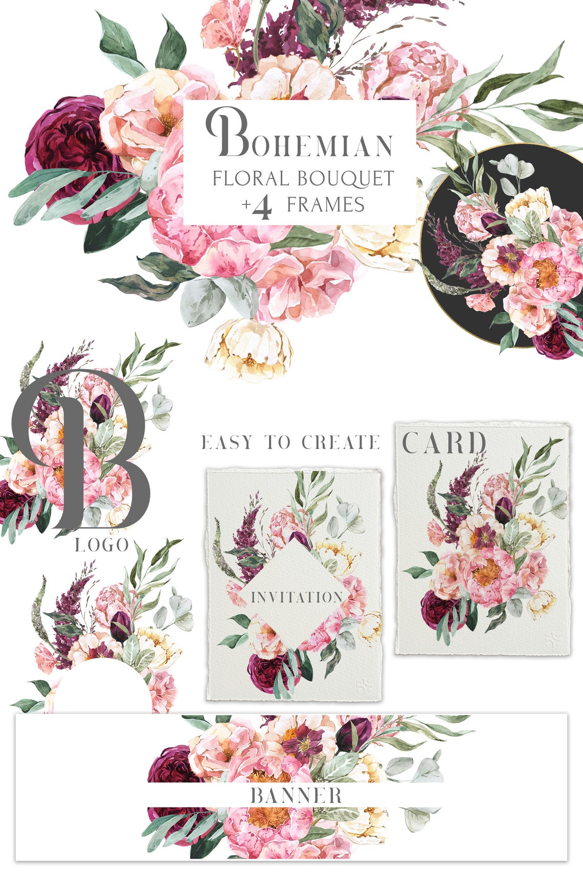 Boho Floral Frames Clipart Set Burgundy Blush Watercolor - Etsy