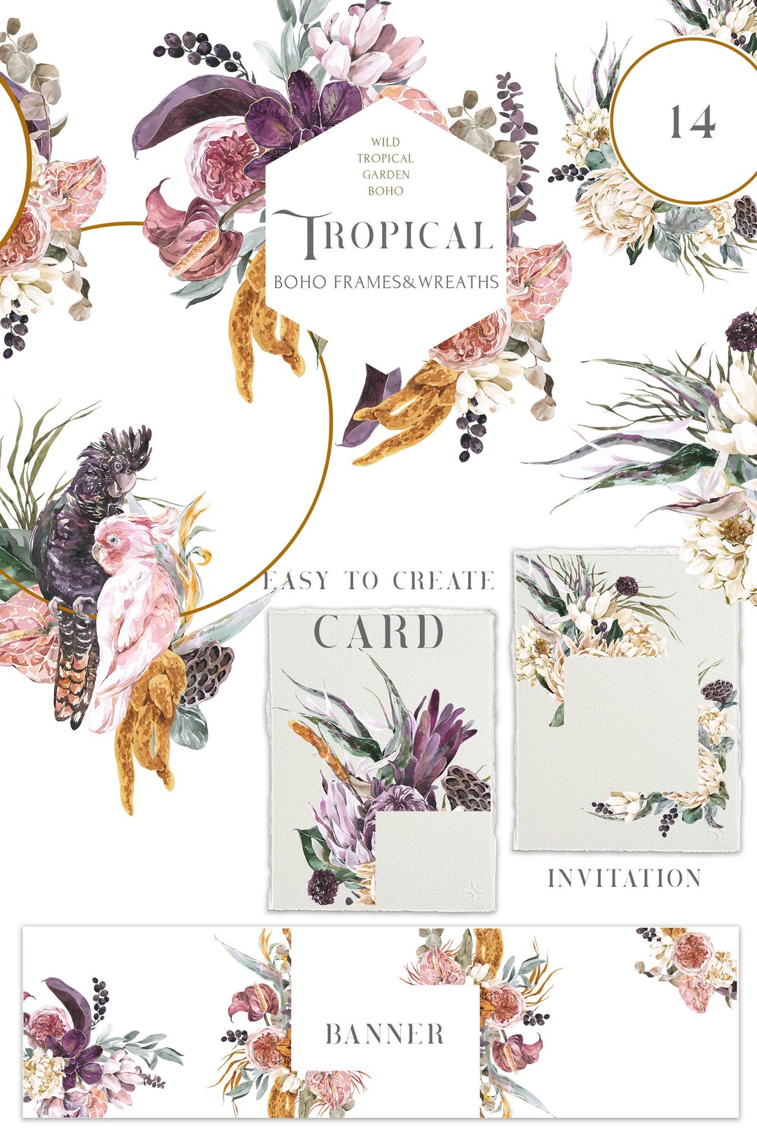 Tropical Boho Floral Frame Wreath Set Burgundy and Blush Watercolor ...