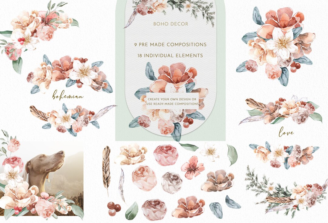 Bohemian Floral Wreath Clipart Set. Watercolor Boho Frame Decor PNG ...
