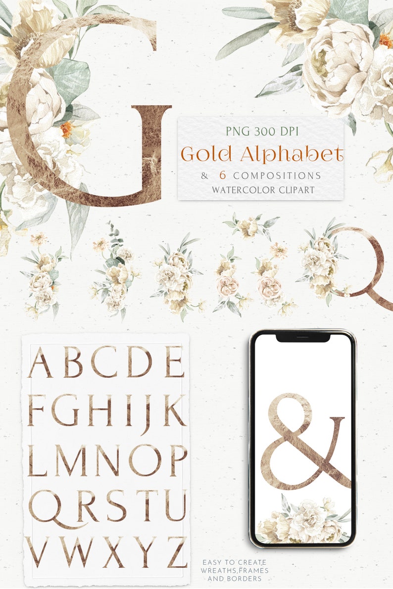 Gold Foil Alphabet Clipart. White Boho Floral Arrangement - Etsy