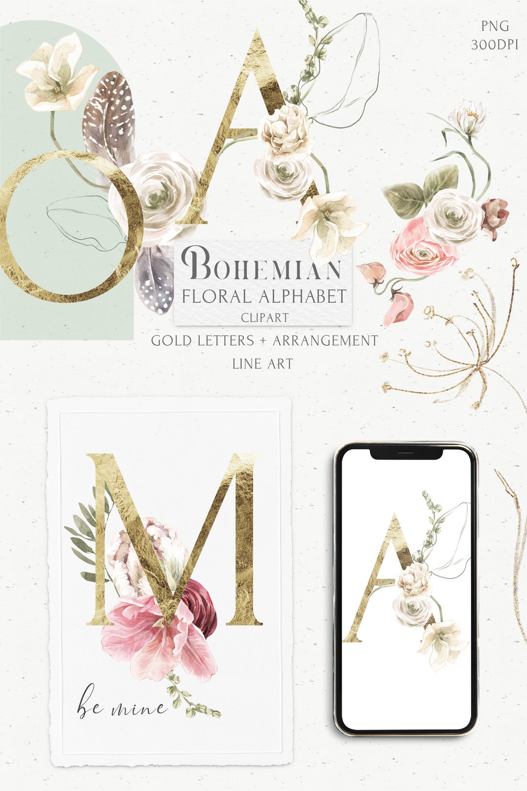 Gold Foil Alphabet Clipart. Boho Floral Arrangement Monogram Valentines ...