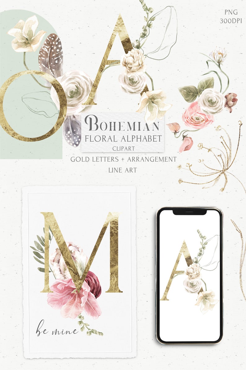 Gold Foil Alphabet Clipart. Boho Floral Arrangement Monogram - Etsy