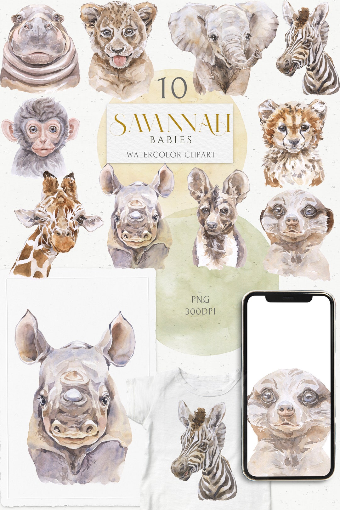 African Safari Baby Animals Watercolor Clipart Set. Baby Shower, Boho ...