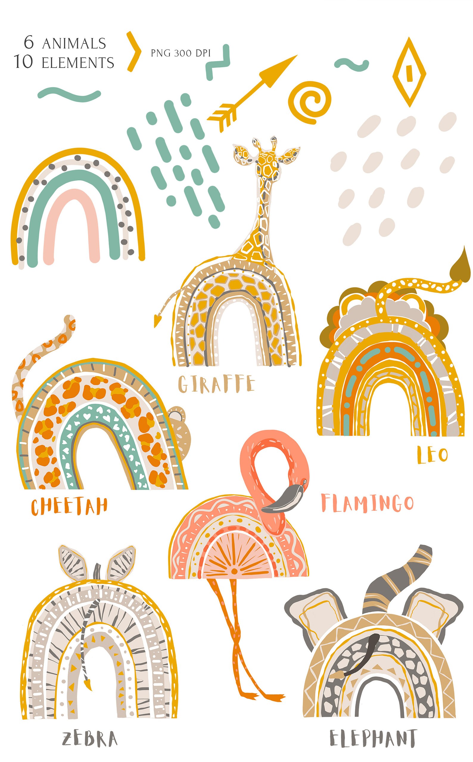Boho Rainbow Baby Animals Clipart Set. African Elephant Lion - Etsy