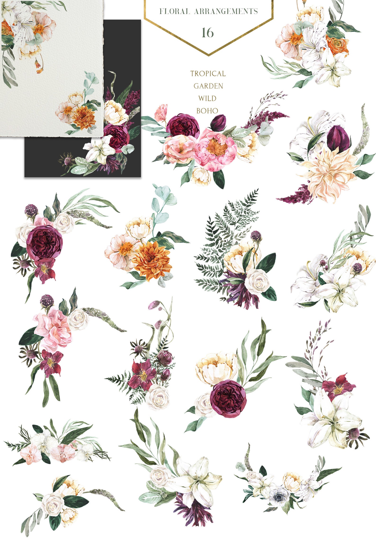 Boho Floral Arrangement Set - Burgundy and Blush Watercolor Bohemian ...