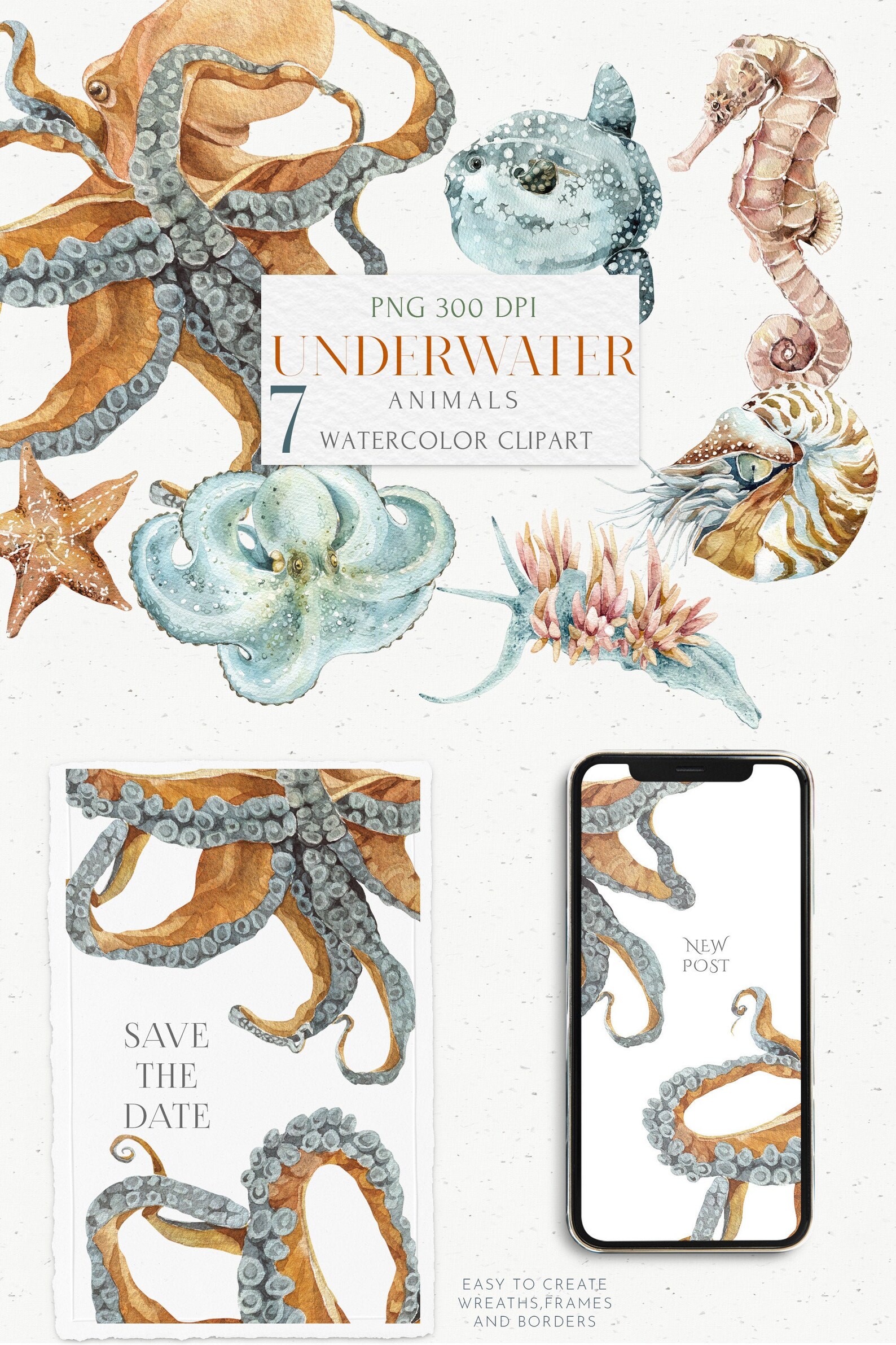 Underwater Animals Clipart Set. Watercolor Octopus, Hippocampus ...