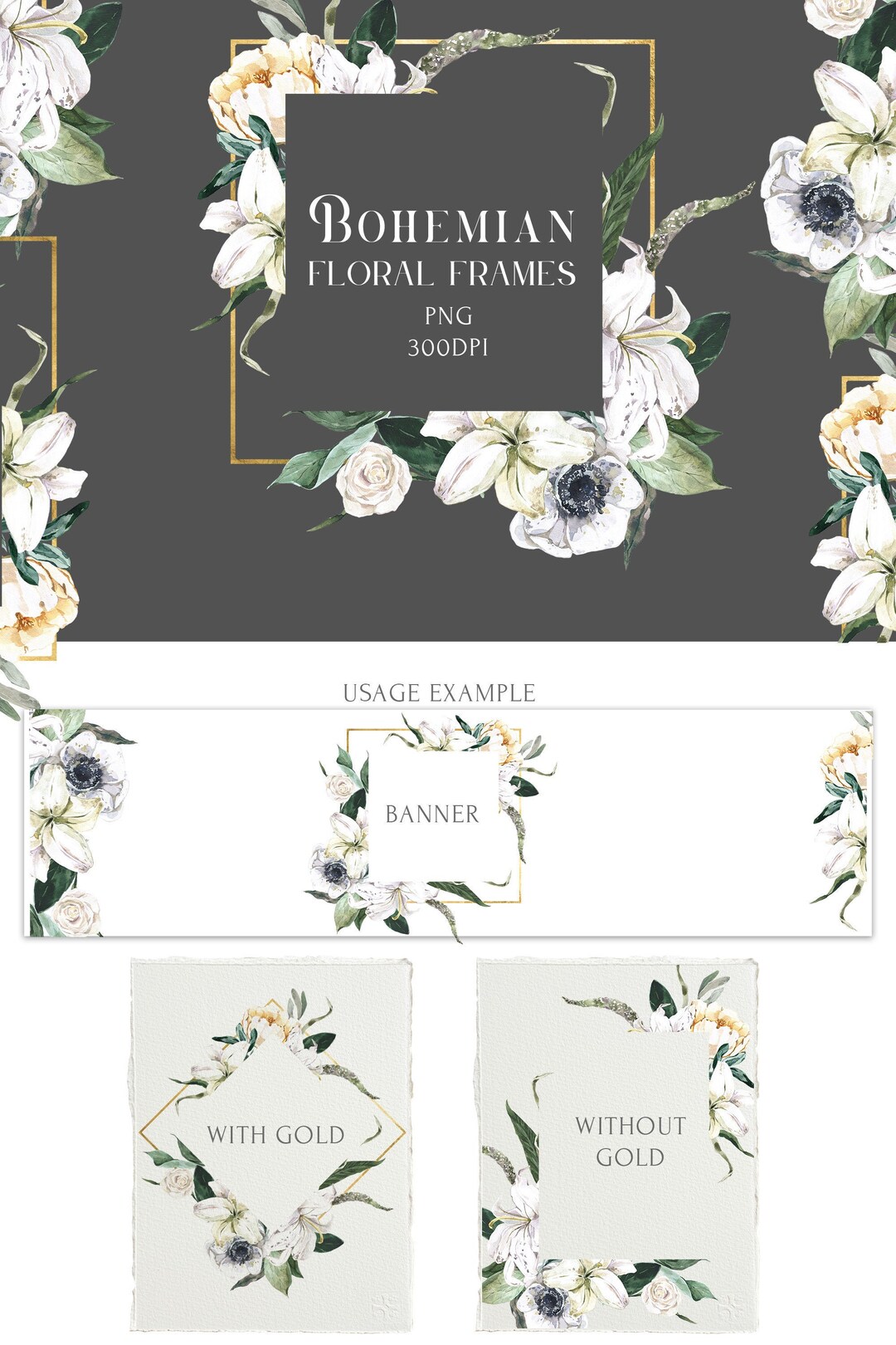 Boho Square Gold Floral Frame Watercolor Bohemian Wedding Border ...