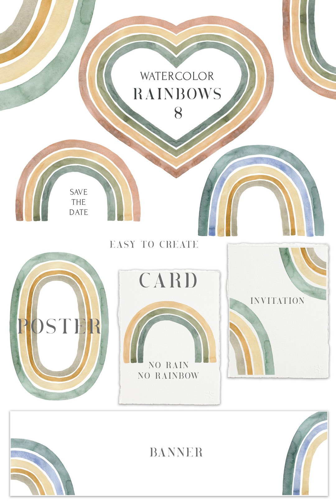 Boho Rainbow Clipart Set. Bohemian Neutral Pastel Watercolor PNG - Baby ...