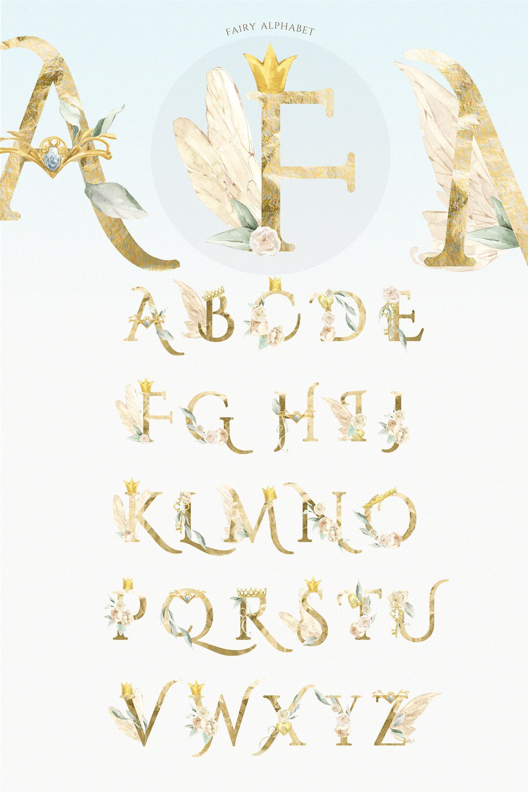 Gold Foil Alphabet Clipart With Royal Fairy Wings, White Floral ...