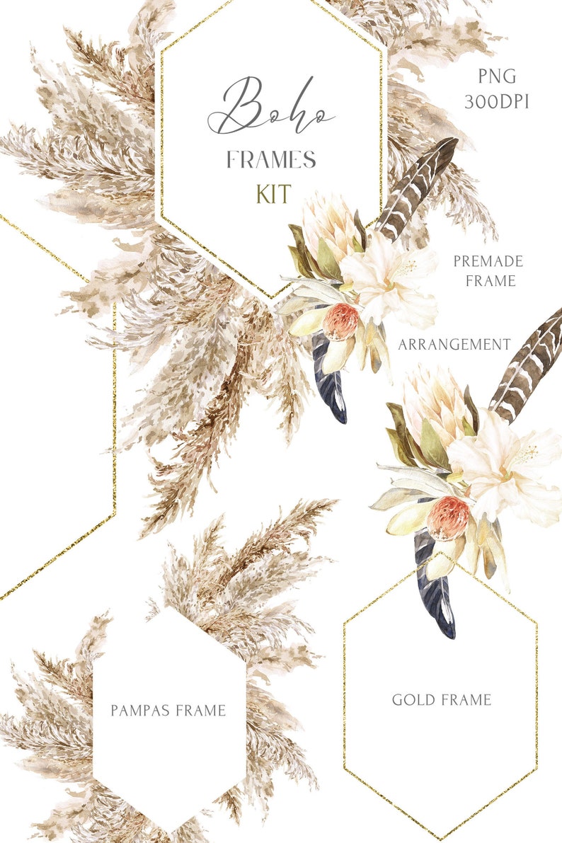 Boho Frame Clipart Kit Gold Floral Frame Hexagone Pampas Grass - Etsy