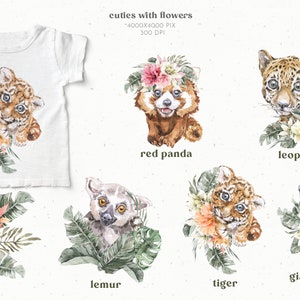 Jungle Baby Animals, Tropical Flowers Watercolor Clipart Set. Baby ...